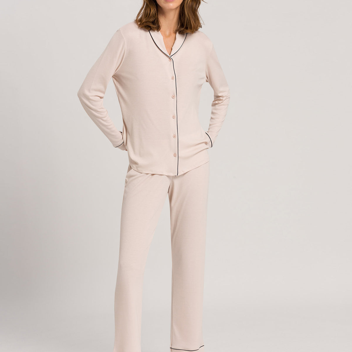 HANRO long pajamas NATURAL COMFORT Night, in dark blue and light beige ...
